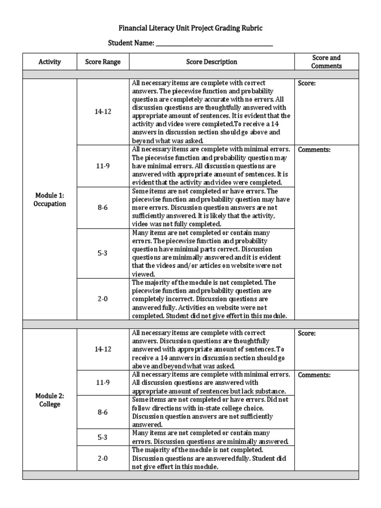 Financial Literacy Project Grading Rubric | PDF | Question | Essays