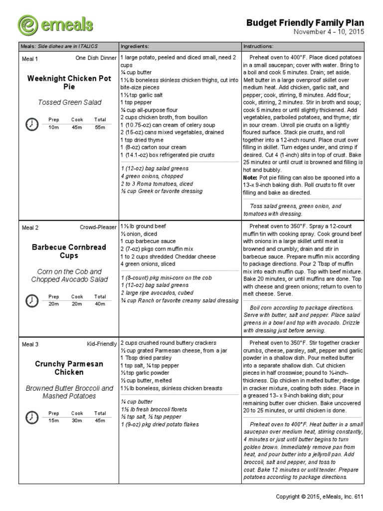 Emeals Budget Friendly Family Plan 611 PDF | PDF | Salad | Grilling