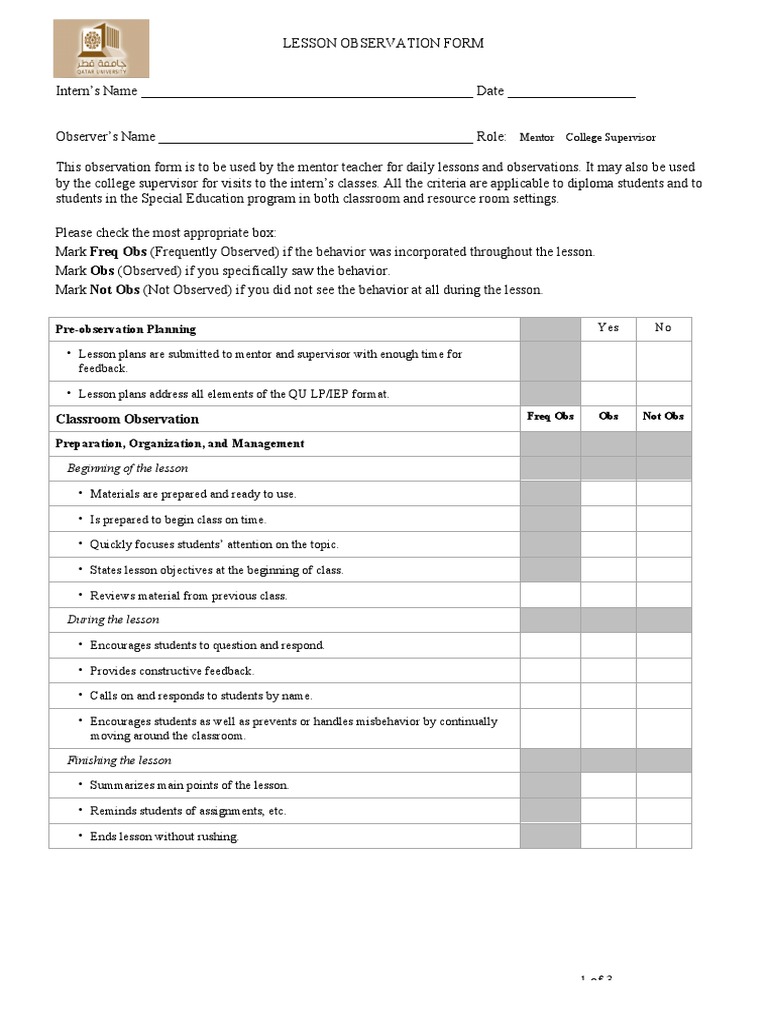 Observation Template | PDF | Educational Assessment | Lesson Plan