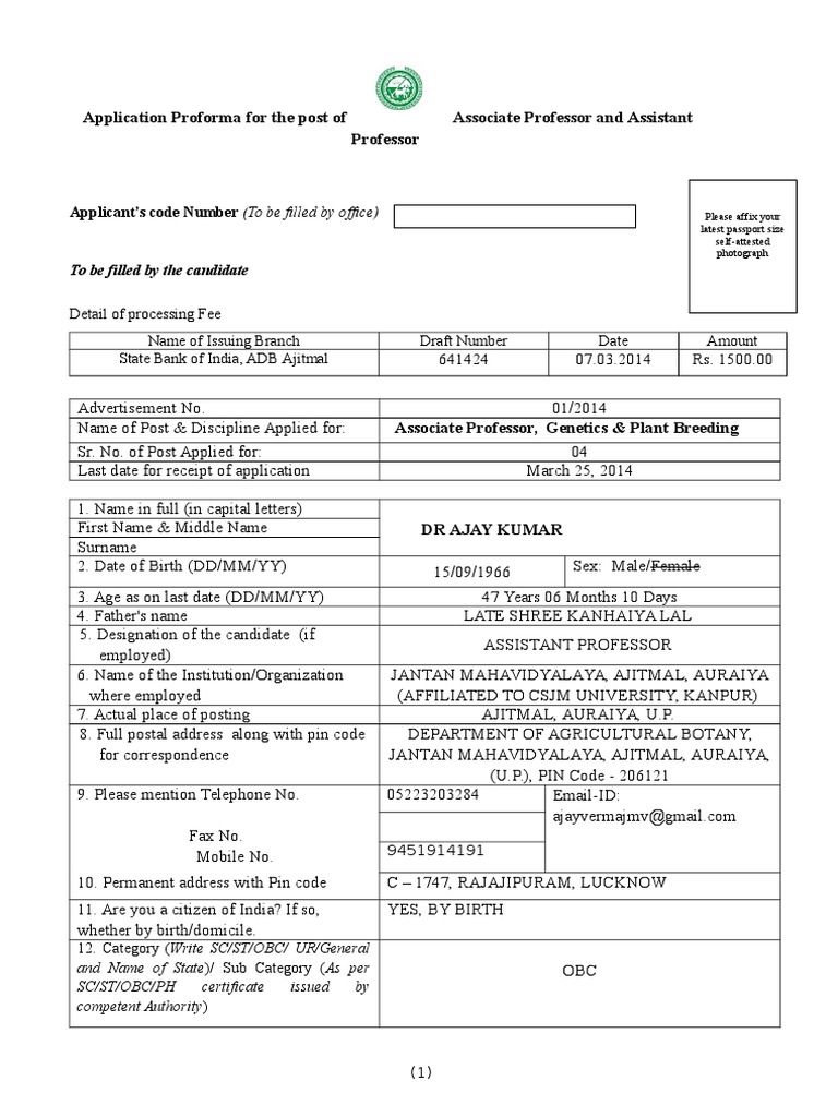 Application Proforma For Teaching Posts Final | PDF | Doctor Of ...