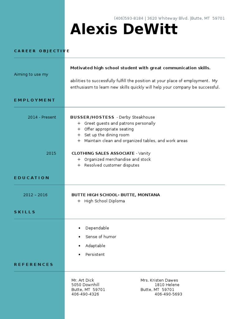High School Student Resume - Butte, MT | PDF