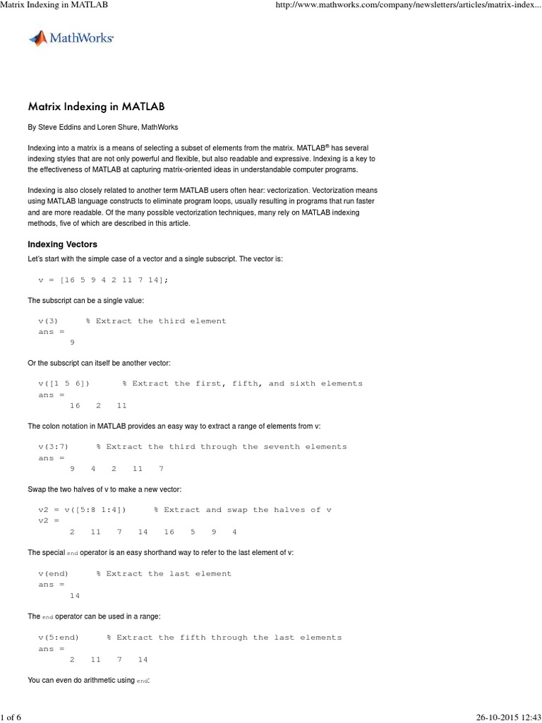 Matrix Indexing in MATLAB | PDF | Matlab | Matrix (Mathematics)