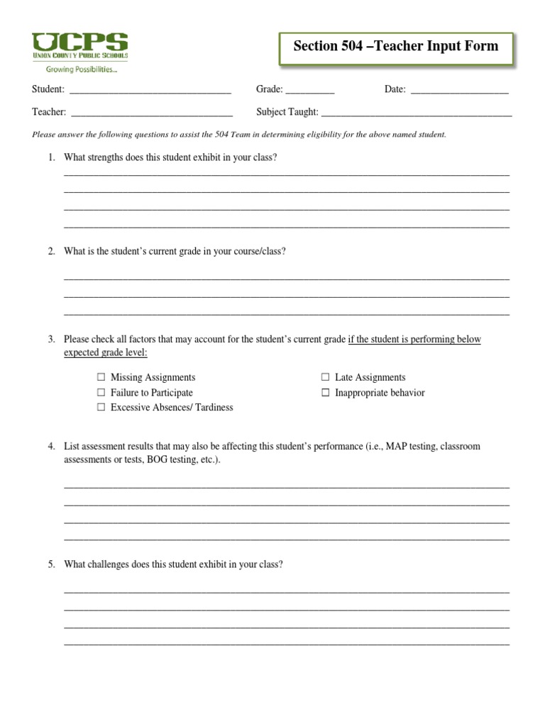 504 Teacher Input Form Template | PDF