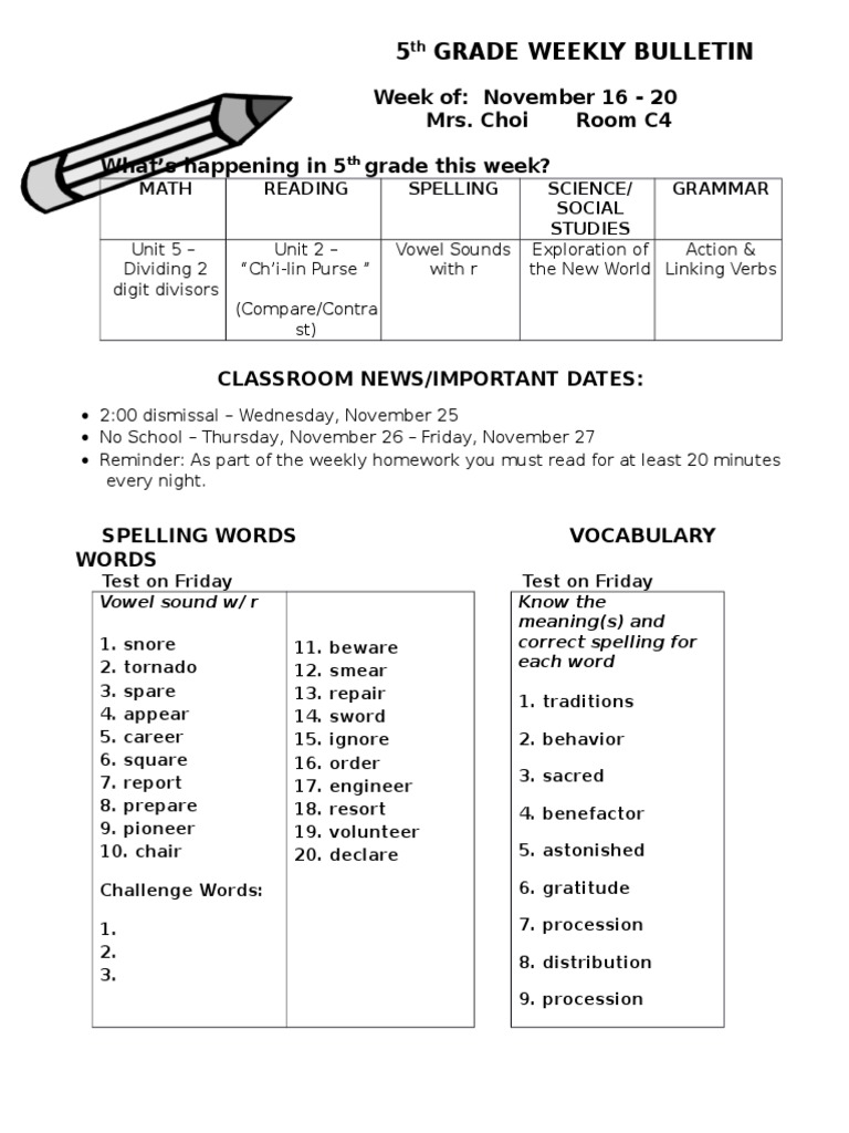 5th Grade Weekly Bulletin: Nov 16-20 | PDF