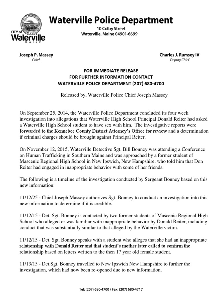 Press Release Don Reiter Case | PDF | Police | Crime & Violence