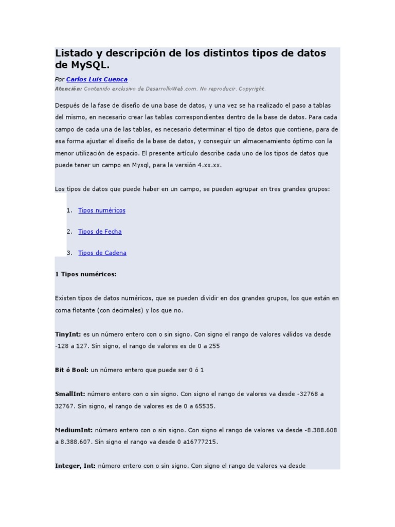 Listado y Descripción de Los Distintos Tipos de Datos de MySQL | PDF ...