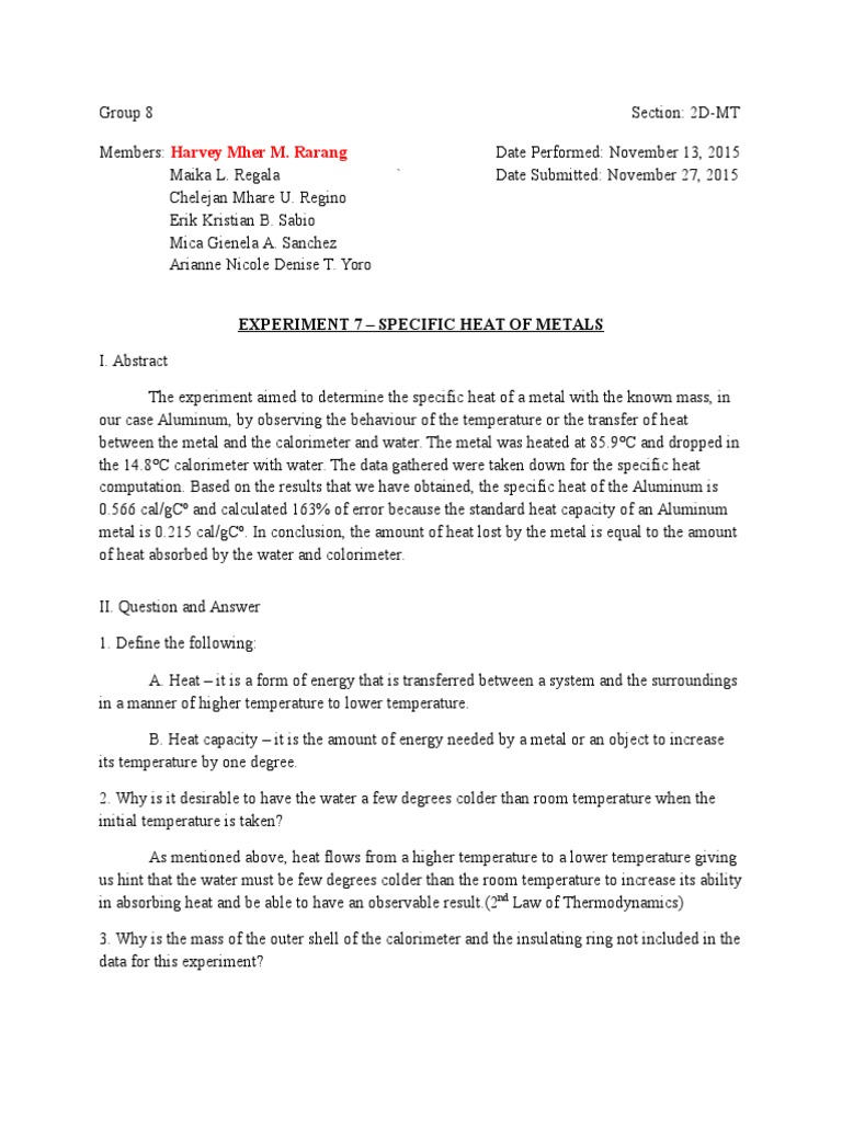 Experiment-7-Specific Heat of Metals | Download Free PDF | Heat | Heat ...