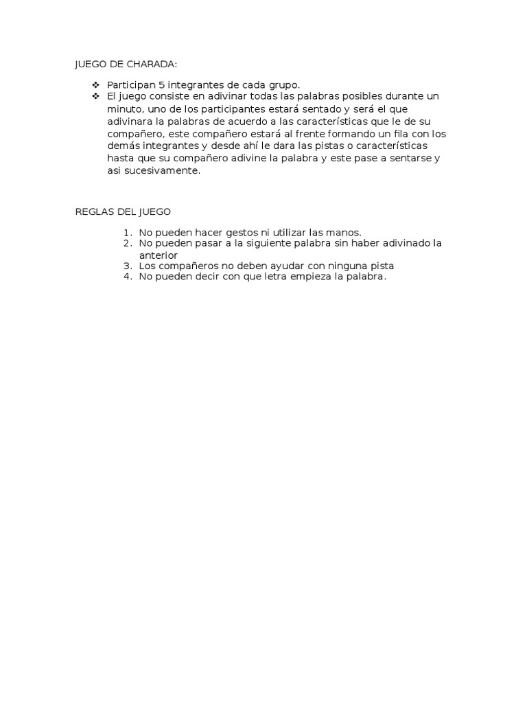 Reglas y Ejemplos del Juego de Charadas | PDF