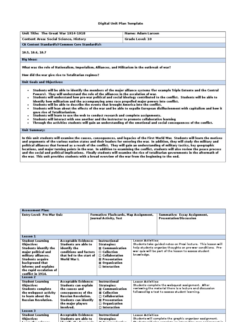 Great War Unit Plan for 10th Grade | PDF | Cognition | Pedagogy