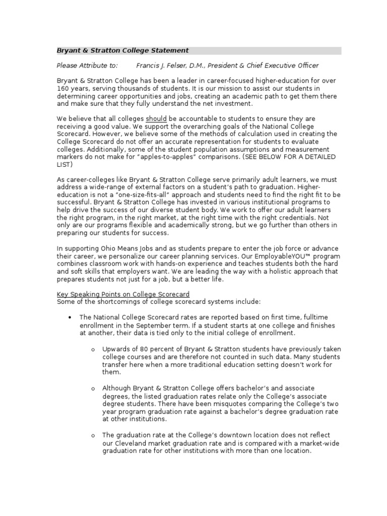 Bryant & Stratton College Statement | PDF | College | Bachelor's Degree