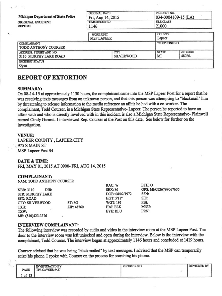 Police Report On Extortion Texts in Courser Gamrat Scandal | PDF