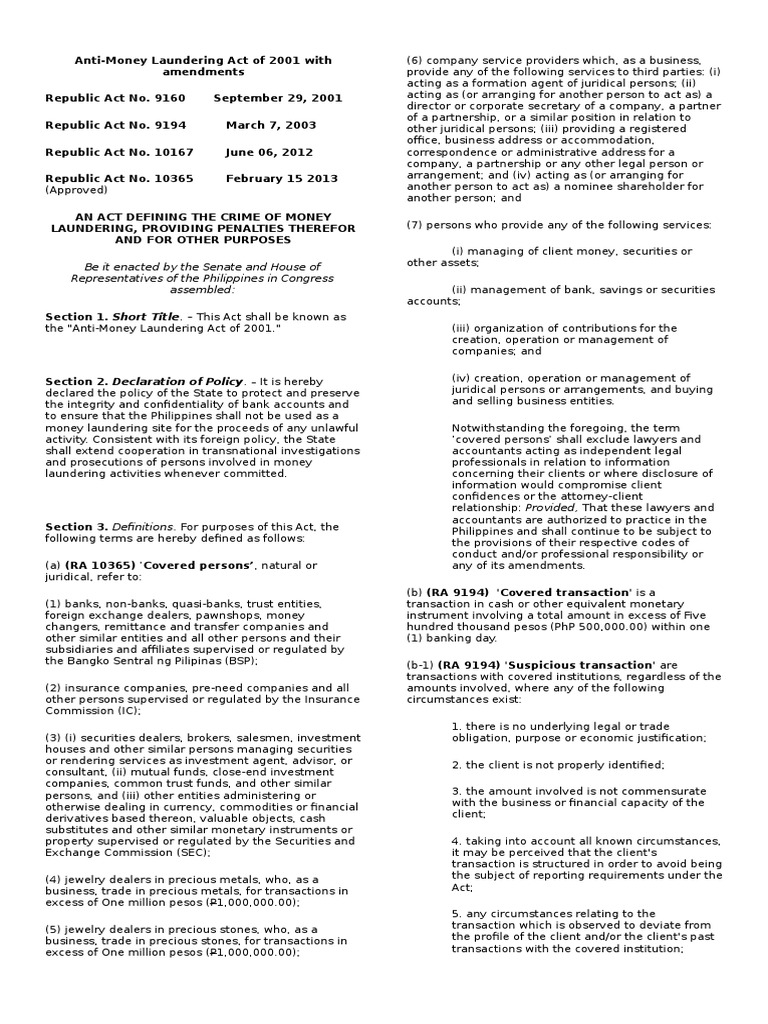 Anti-Money Laundering Act of 2001 With Amendments - RA 9160 | PDF ...