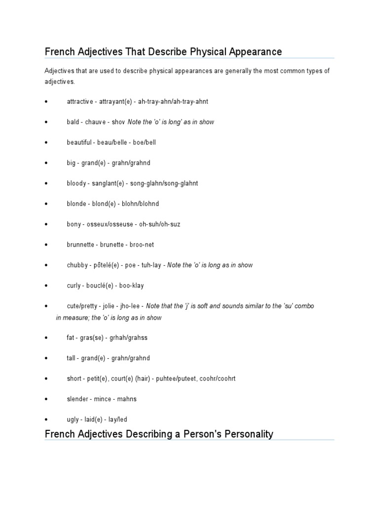 French Adjectives That Describe Physical Appearance | PDF | Human Hair ...