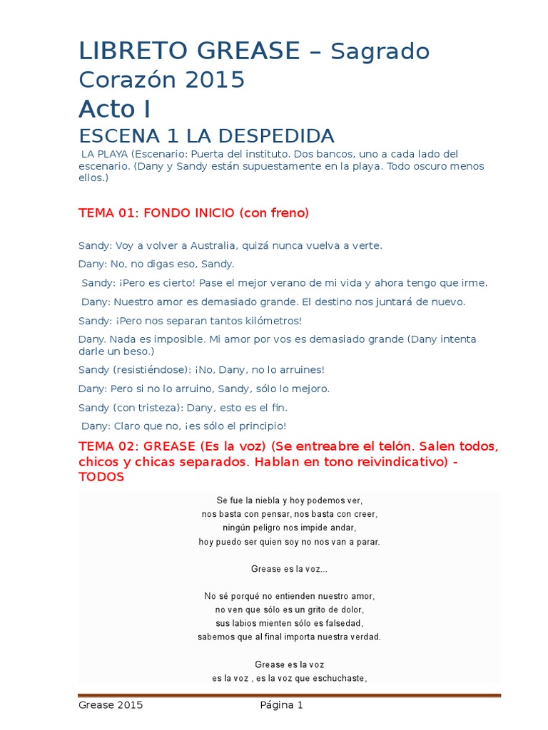 Libreto Grease: Acto I Escenas 1-2 | PDF | Amor | Ocio