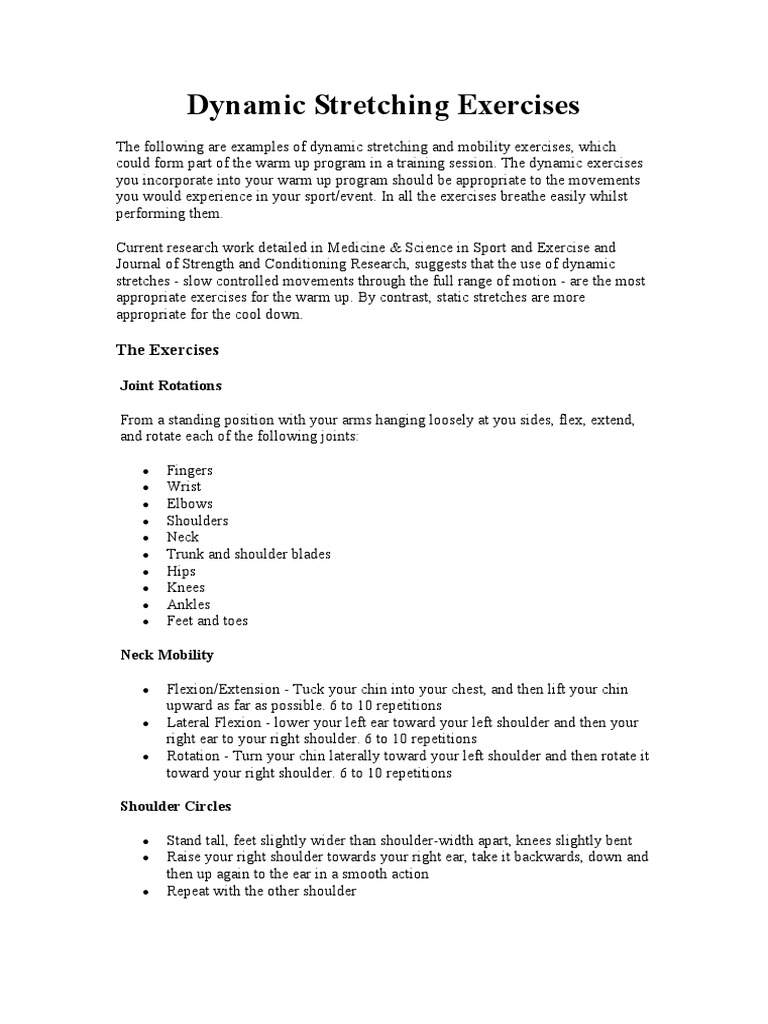 Dynamic Stretching Warm-Up Exercises | PDF | Anatomical Terms Of Motion ...