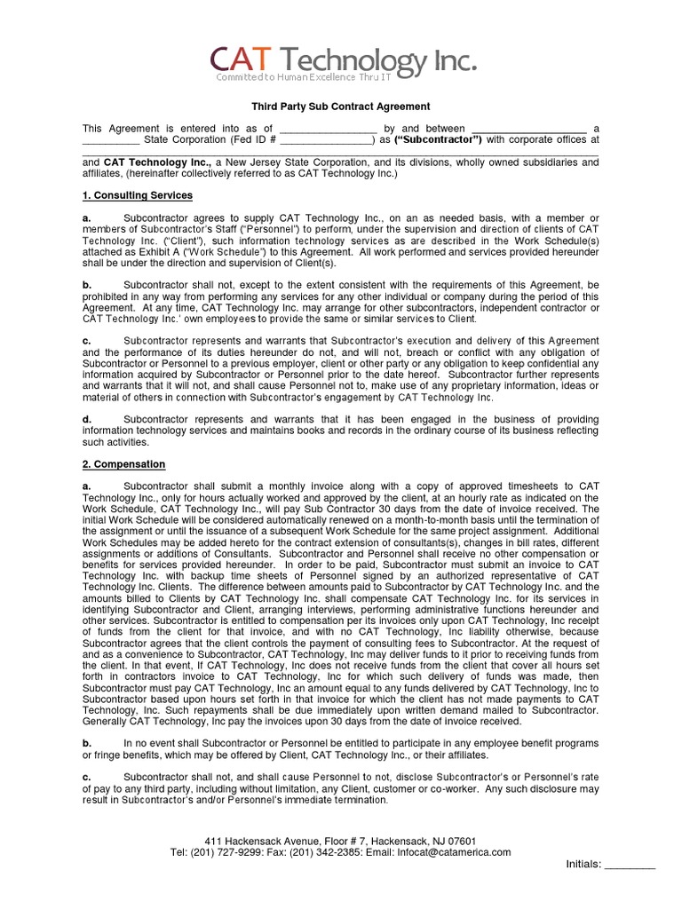 CAT Technology Inc - Subcontract Agreement | PDF | Indemnity | Employment