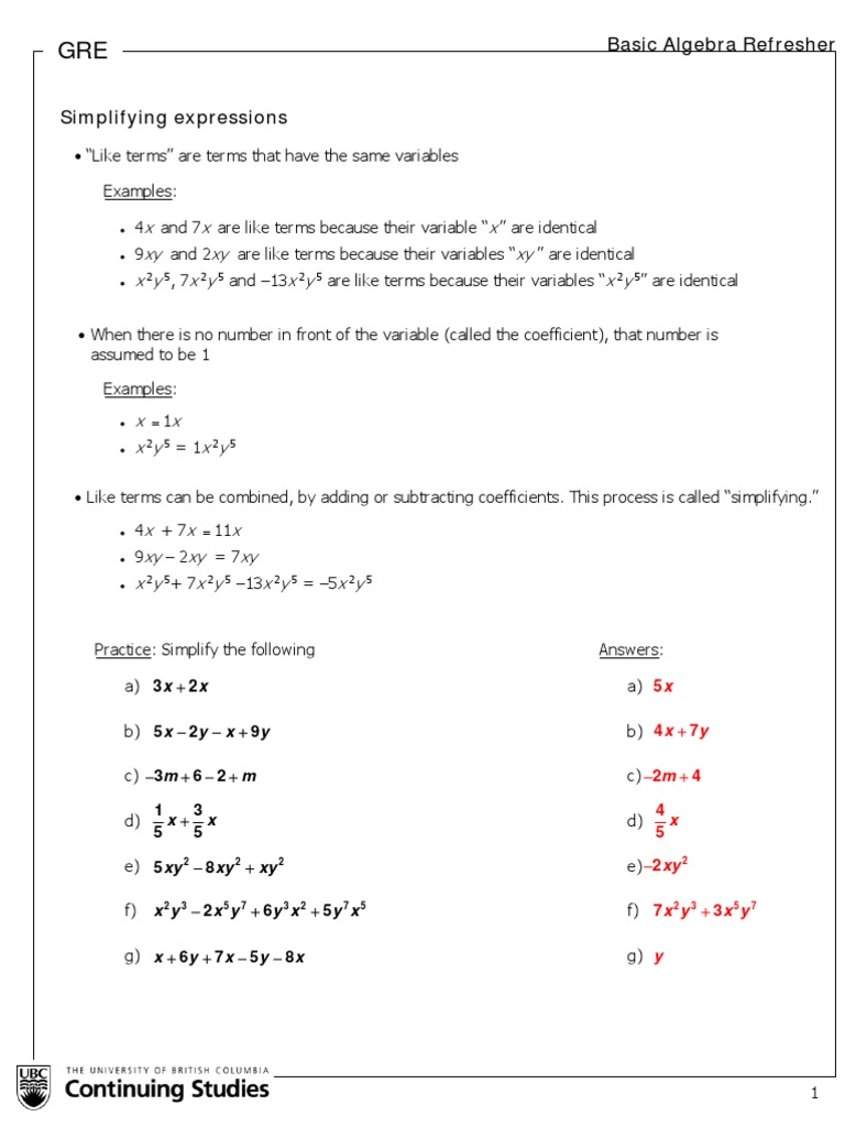 GRE - Basic Algebra Refresher | PDF | Variable (Mathematics ...