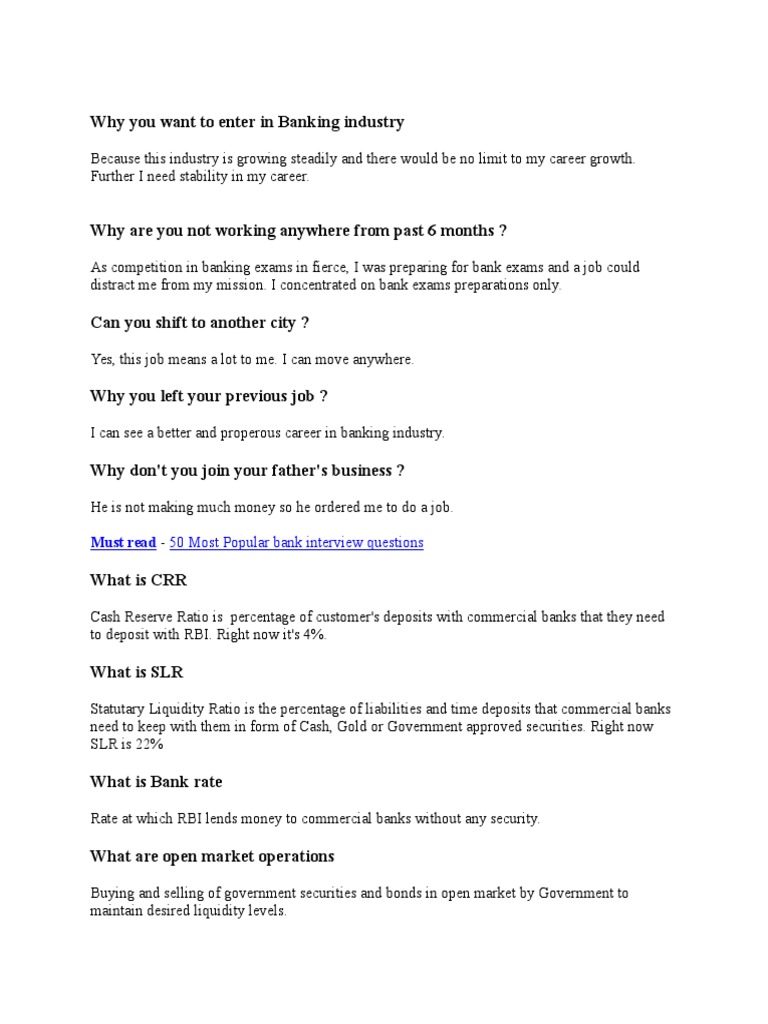 50 Most Popular Bank Interview Questions: Must Read | PDF | Option ...