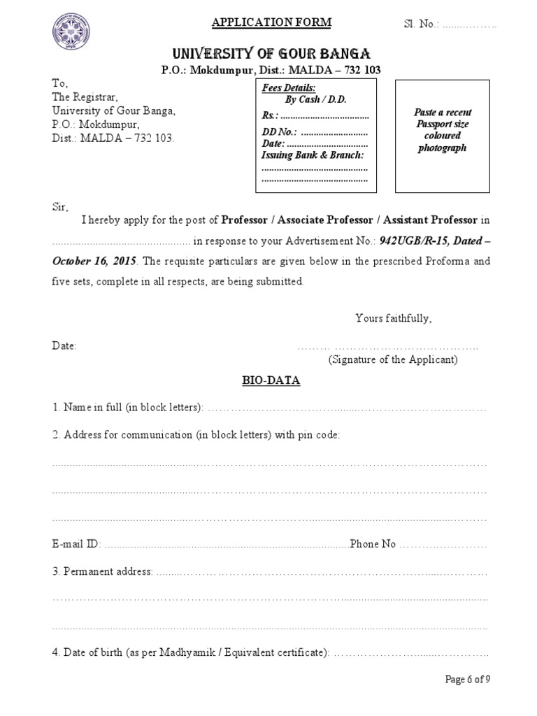 University of Gour Banga: Application Form | PDF | Doctorate | Thesis