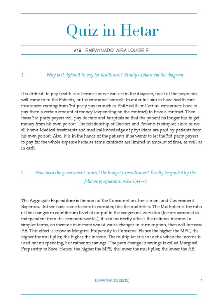 Quiz in Hetar: 1. Why Is It Difficult To Pay For Healthcare? Kindly ...