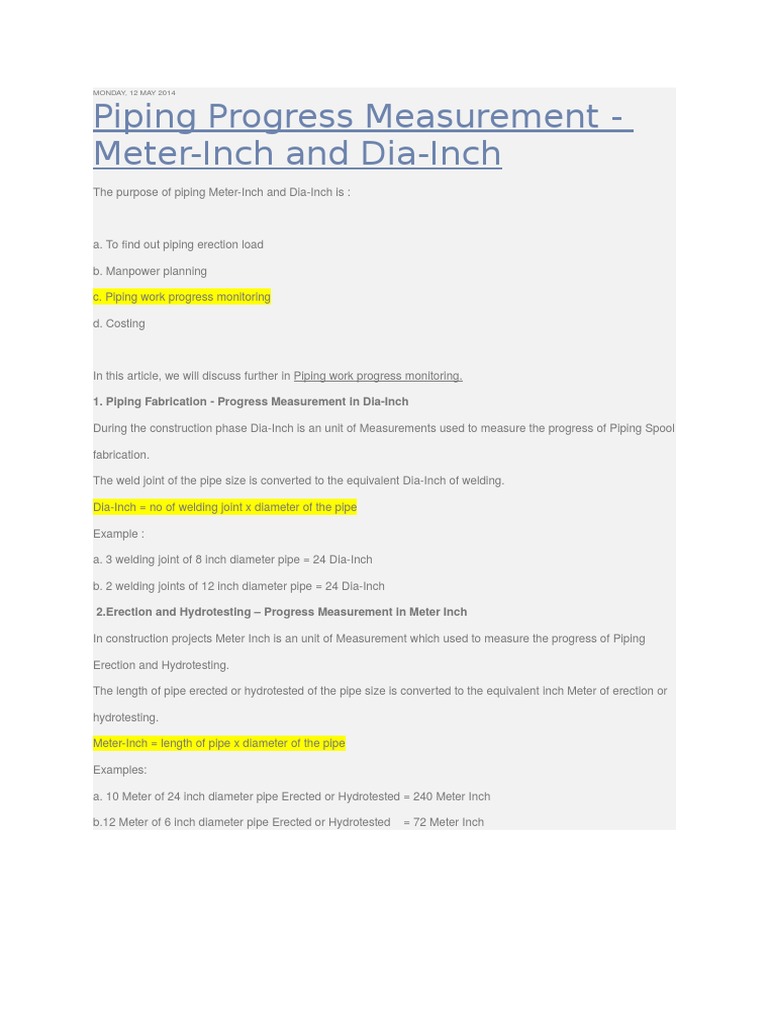 Piping Progress Measurement - Meter-Inch and Dia-Inch | PDF