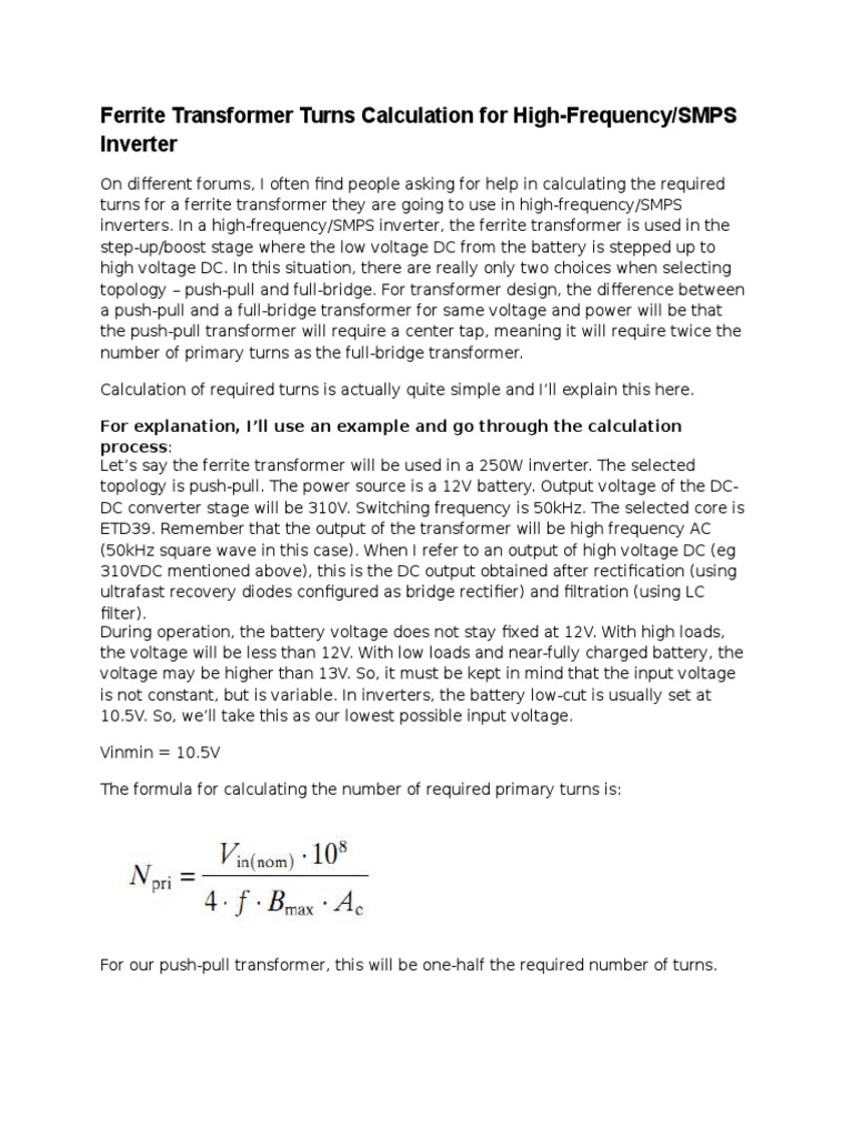 Ferrite Core Transformer Calculation