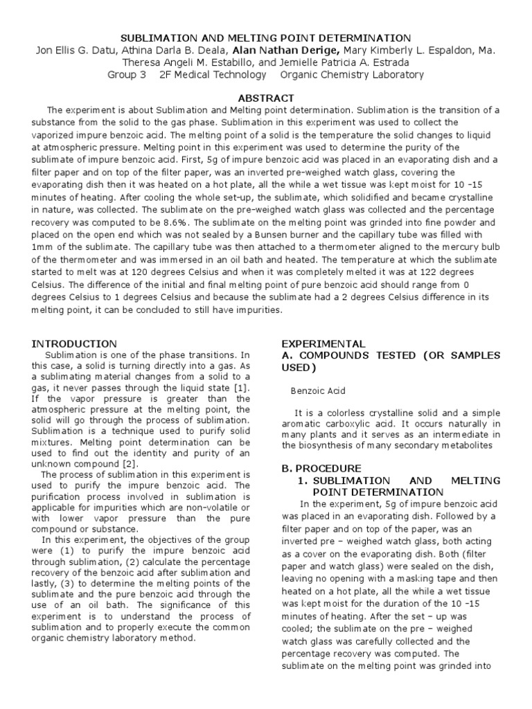 Experiment 3 Sublimation and Melting Point | Download Free PDF ...