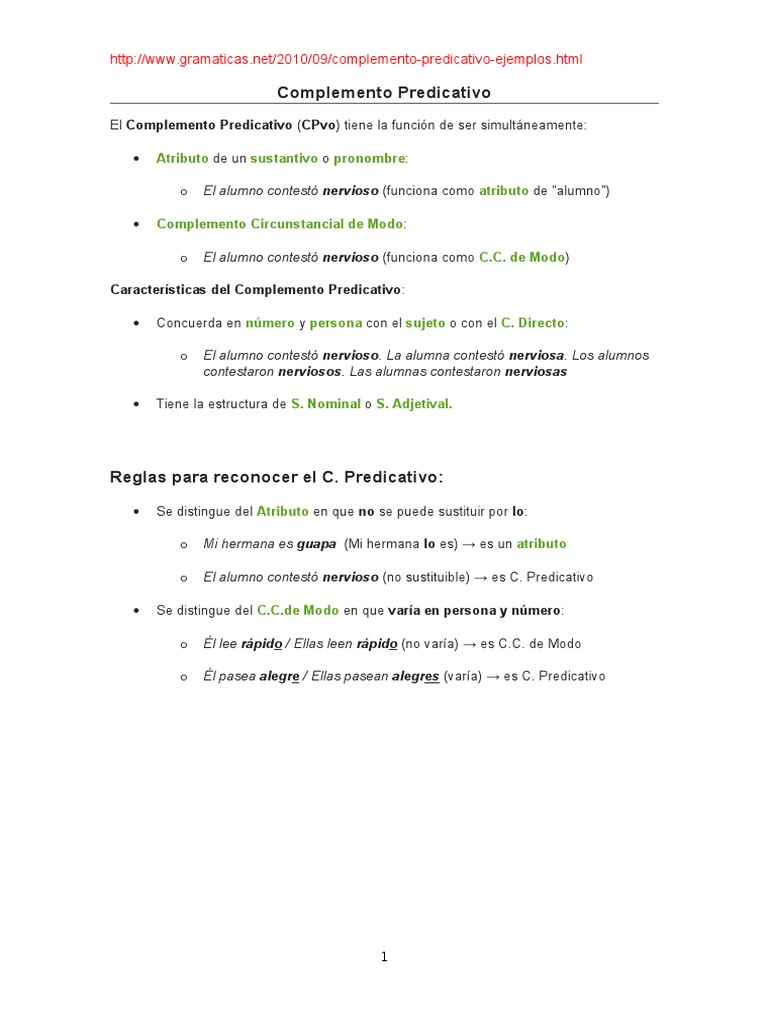Complemento Predicativo. Teoría y Ejercicios | PDF