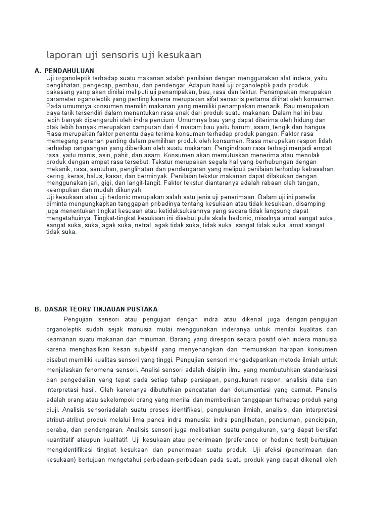 Laporan Uji Sensoris Uji Kesukaan | PDF | Pengembangan Diri