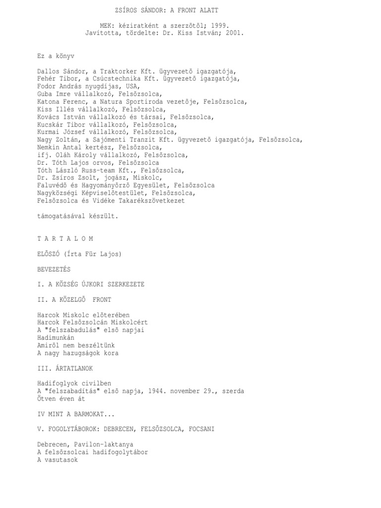 Zsíros Sándor A Front Alatt | PDF