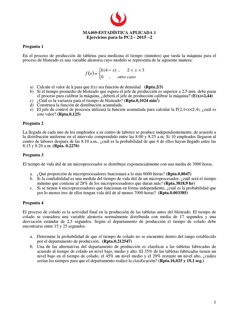Estadística Aplicada 1 - Ejercicios PC2 | PDF | Muestreo (Estadísticas) | Probabilidad