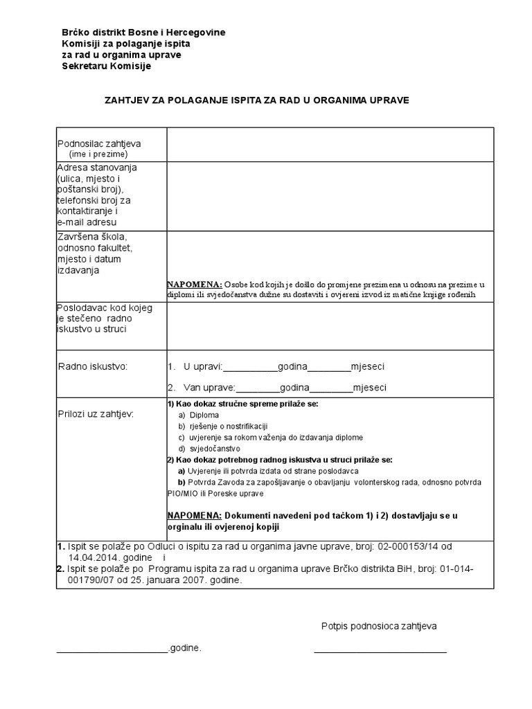 Zahtjev Za Polaganje Strucnog Ispita | PDF