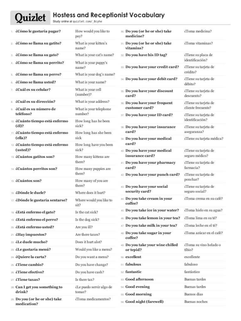 Hostess and Receptionist Vocabulary | PDF | Salud y bienestar | Medicina