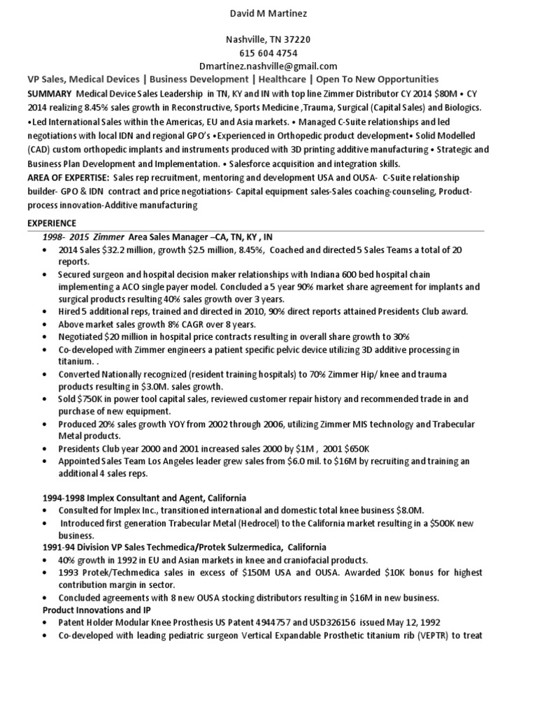 VP Sales Medical Devices in Nashville TN Resume David Martinez | PDF ...