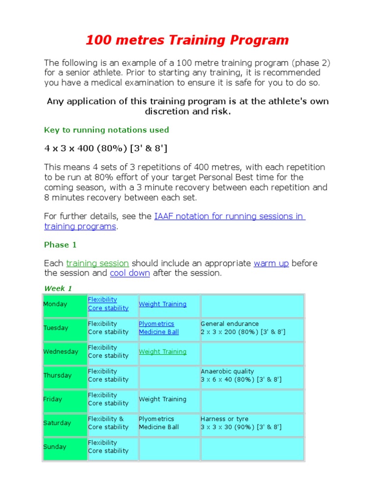 100 Metres Training Program | PDF | Weight Training | Individual Sports