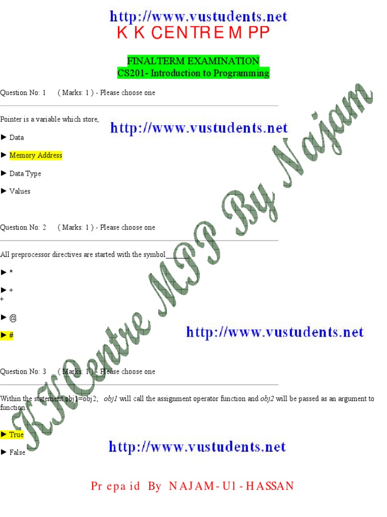 CS201 All Finalterm Papers Mega File | PDF | Constructor (Object Oriented Programming) | Programming