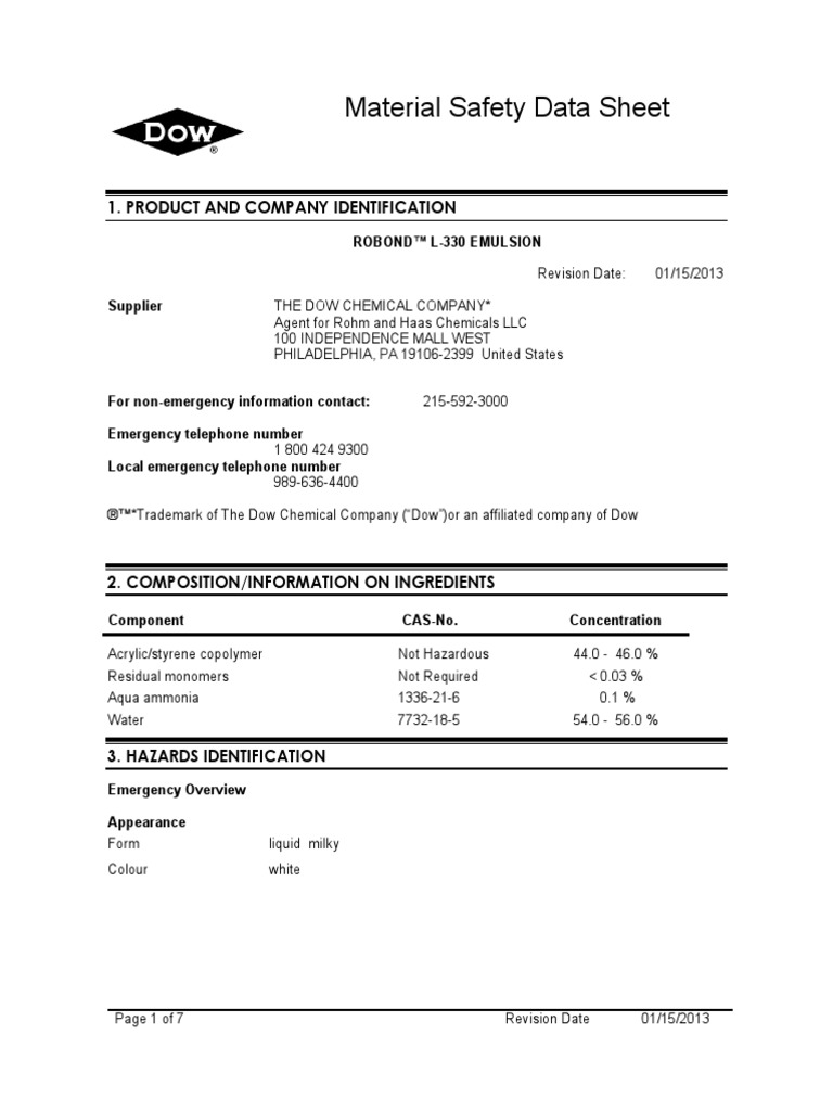 MSDS - Robond L-330 - ISS130910 | PDF | Toxicity | Occupational Safety ...