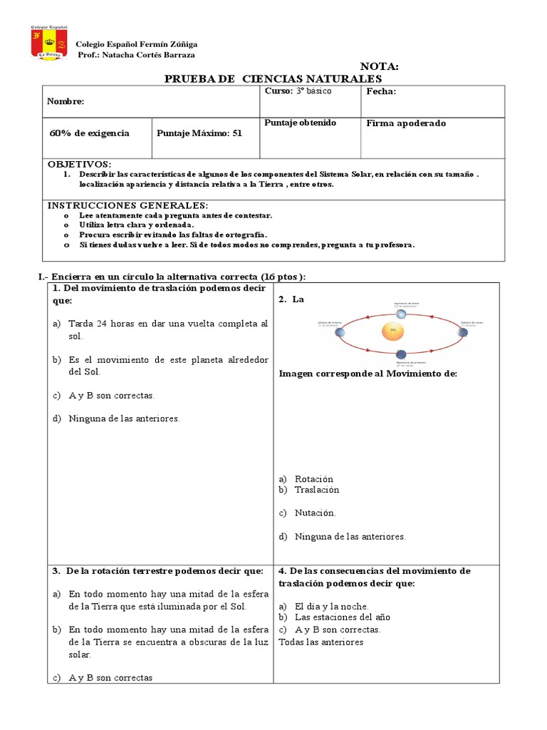 Prueba de Ciencias Sistema Solar | PDF | Planetas | Sistema solar