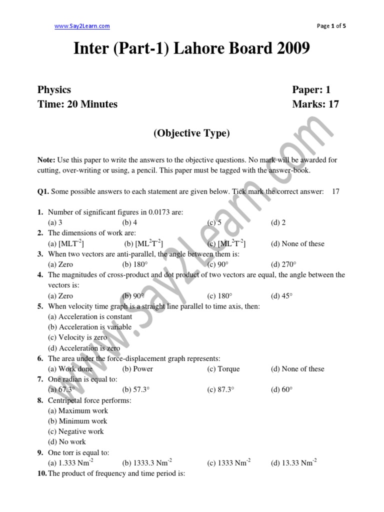 Past Paper Physics 1st Year BISE Lahore 2009 | PDF | Velocity | Kilogram
