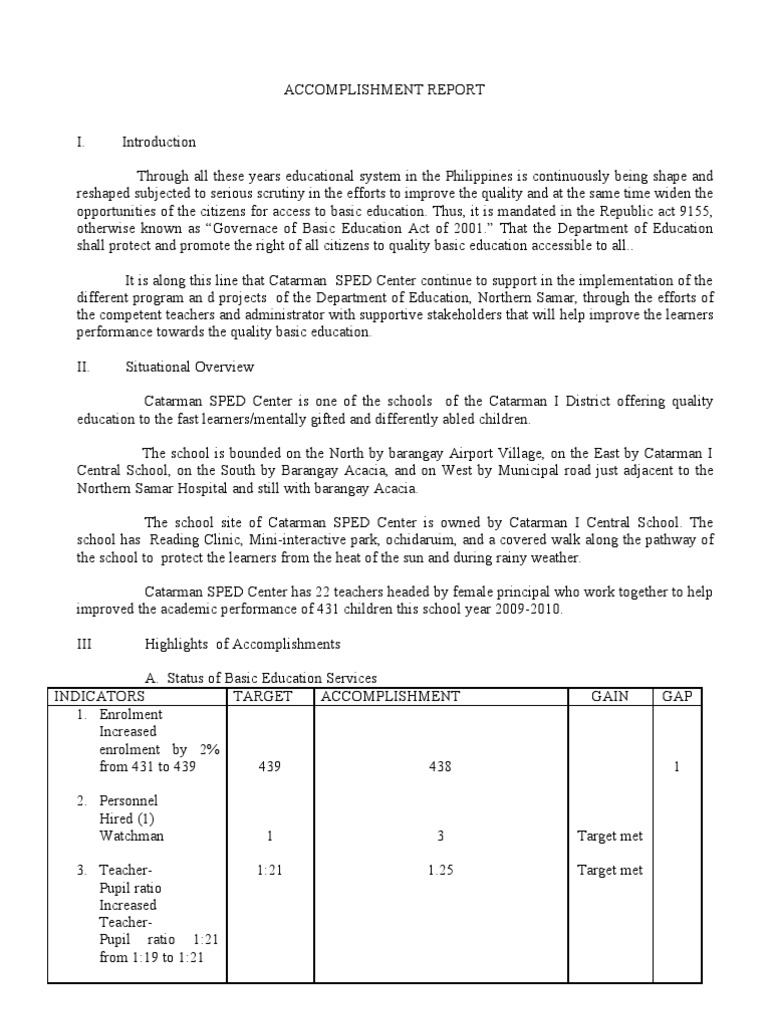 Accomplishment Repor 2009 | PDF | Learning | Behavior Modification