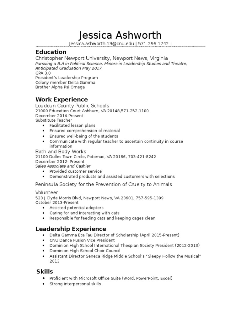 Jessica Ashworth: Political Science Student Resume | PDF