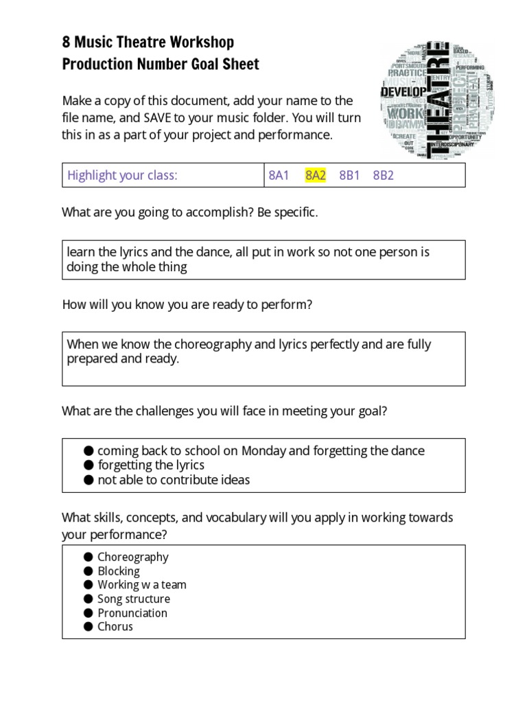 8 Music Theatre Workshop Production Number Goal Sheet: Highlight Your ...
