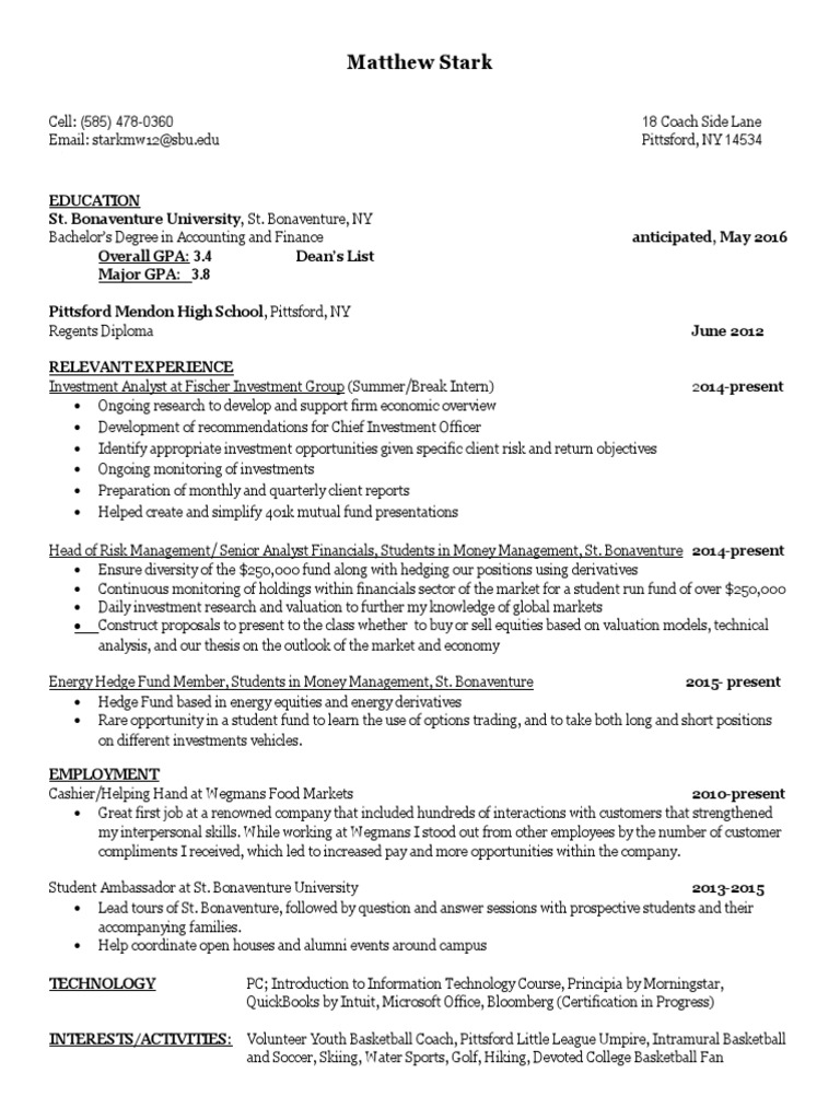 Matthew Stark Resume | PDF | Financial Analyst | Hedge Fund