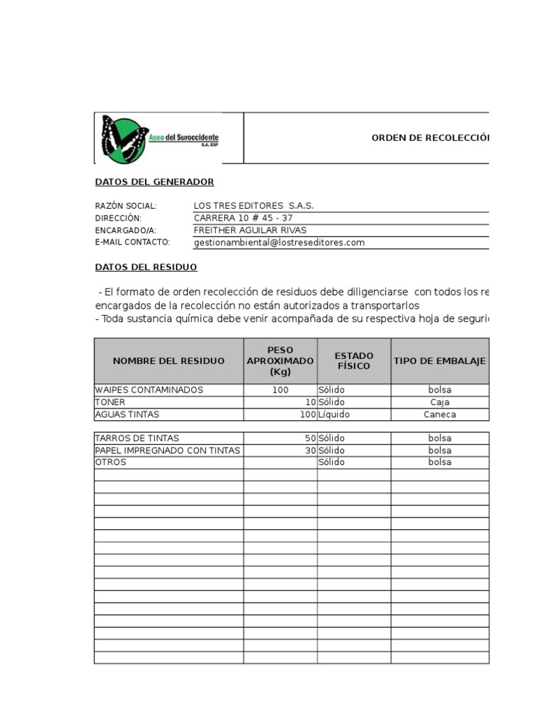 Formato de Orden de Recolección de Residuos | PDF