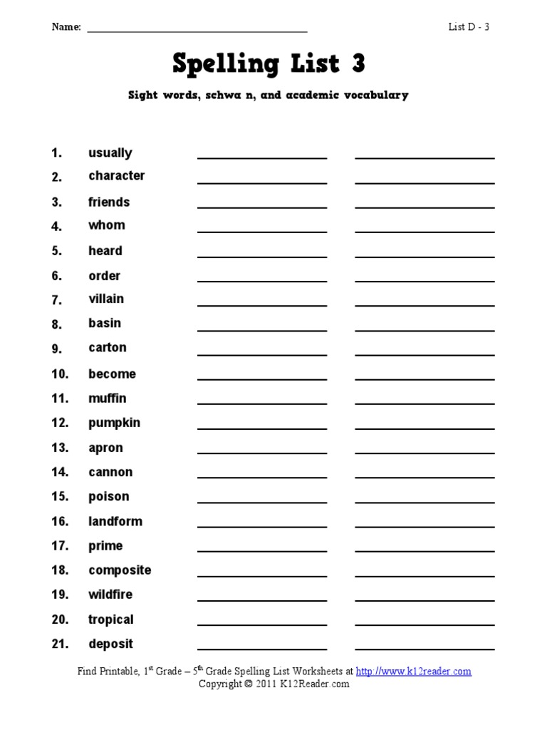 Spelling Word List D 3 | PDF