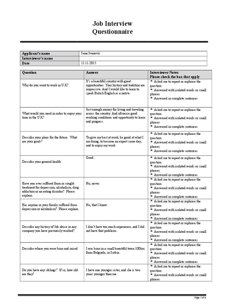 Job Interview Questionnaire | PDF | Substance Abuse | Phrase