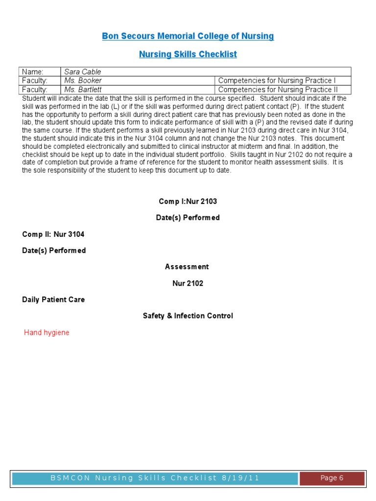 Nursing Skills Checklist for Students | PDF