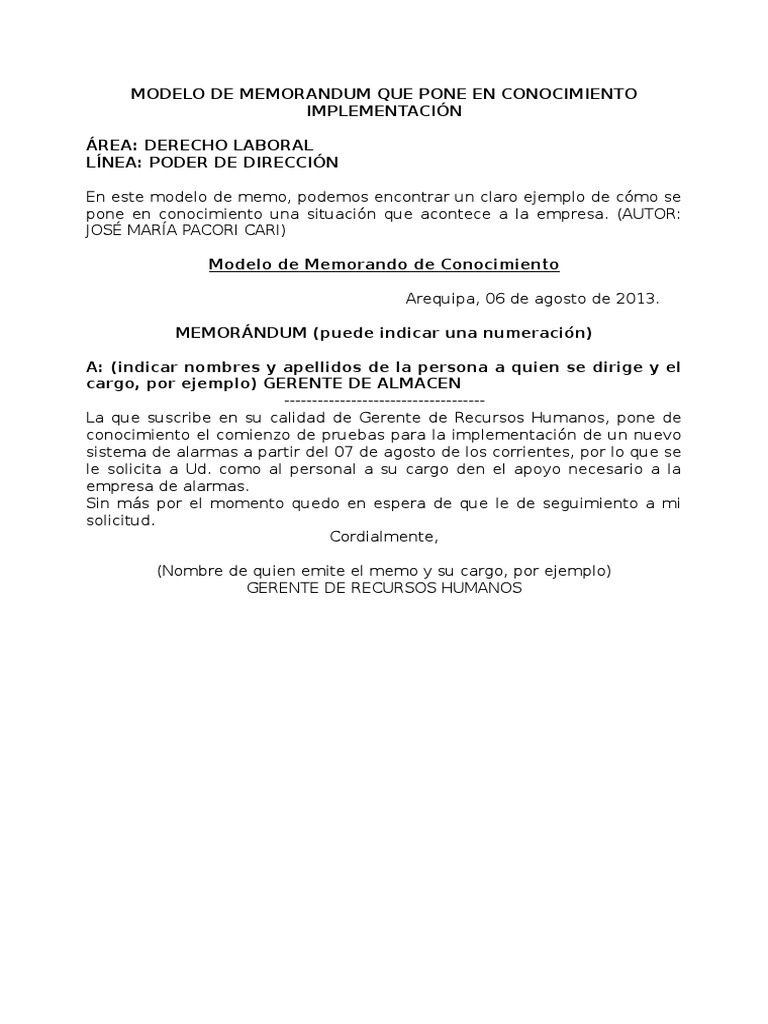 Modelo de Memorando Laboral | PDF | Derecho laboral | Recursos humanos