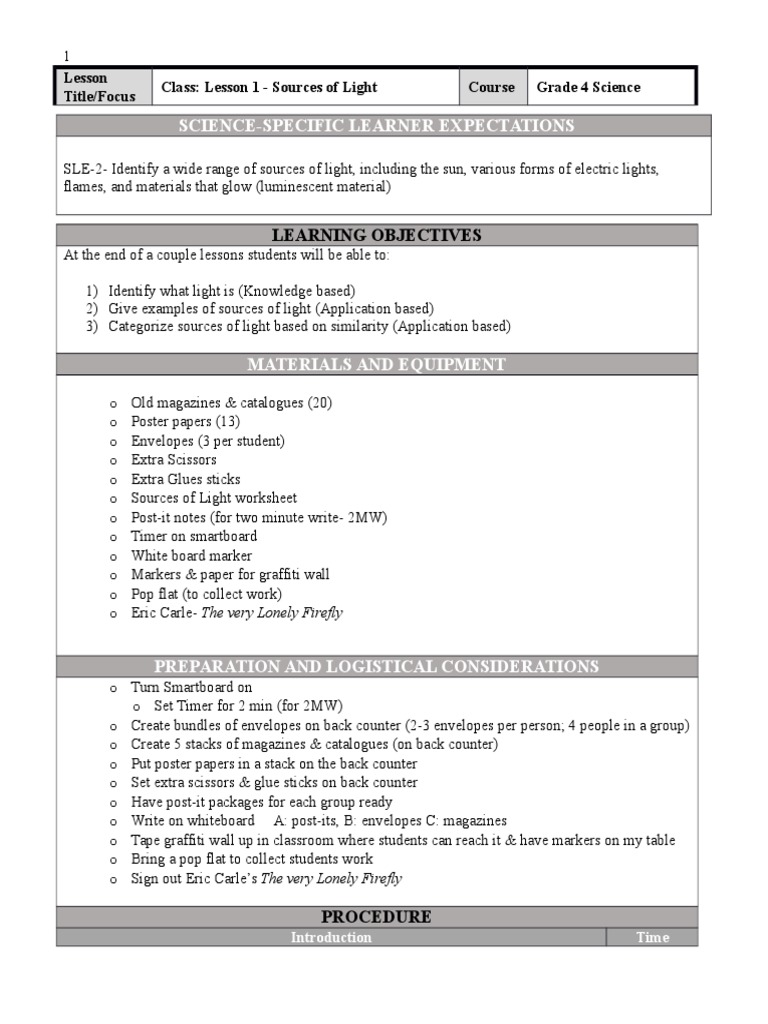 Grade 4 Science: Sources of Light Lesson | PDF | Pedagogy | Teaching