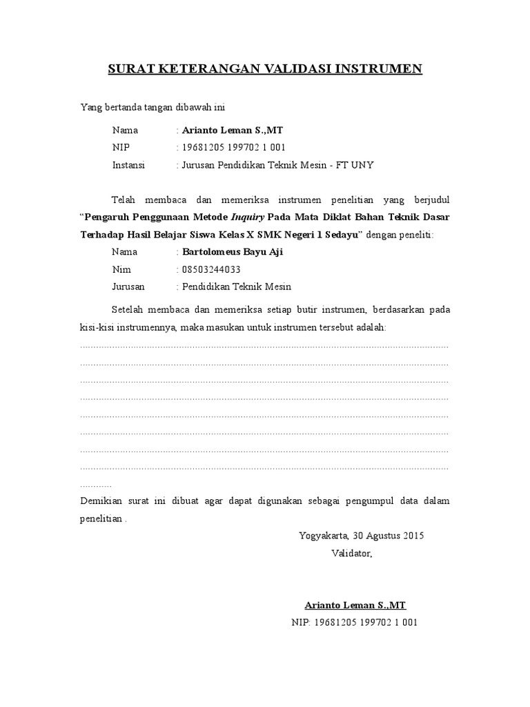 Surat Keterangan Hasil Validasi Instrumen | PDF